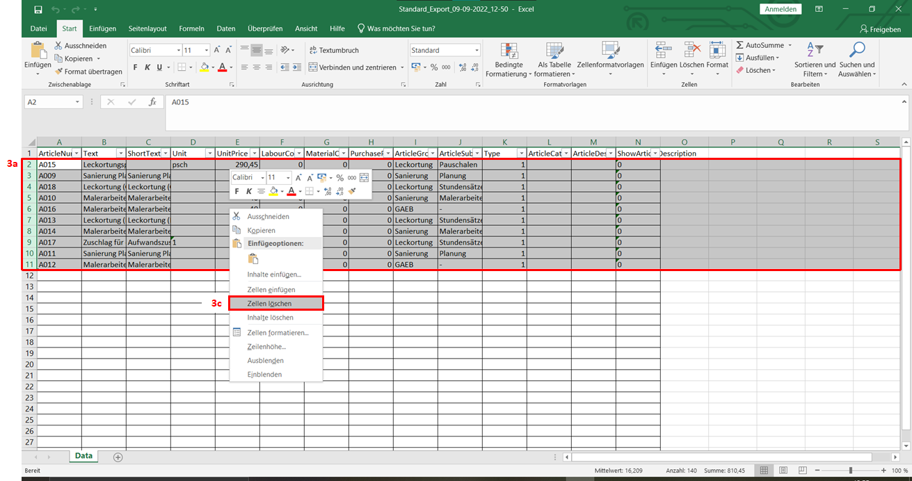 Excel-Vorlage für den Datenimport erstellen